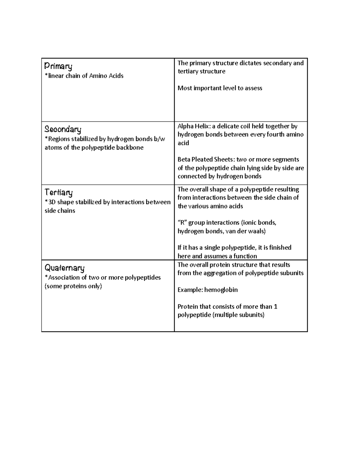Protein Structure Levels PDF - Primary *linear chain of Amino Acids The ...
