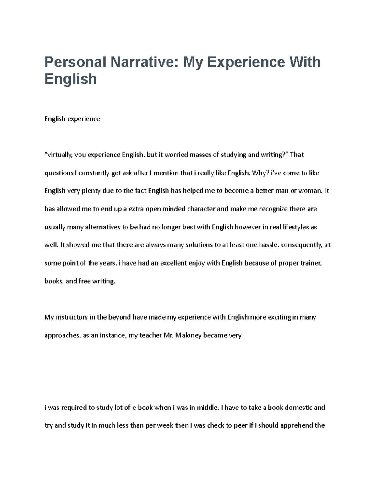 Personal Narrative My Experience With English - Personal Narrative: My ...