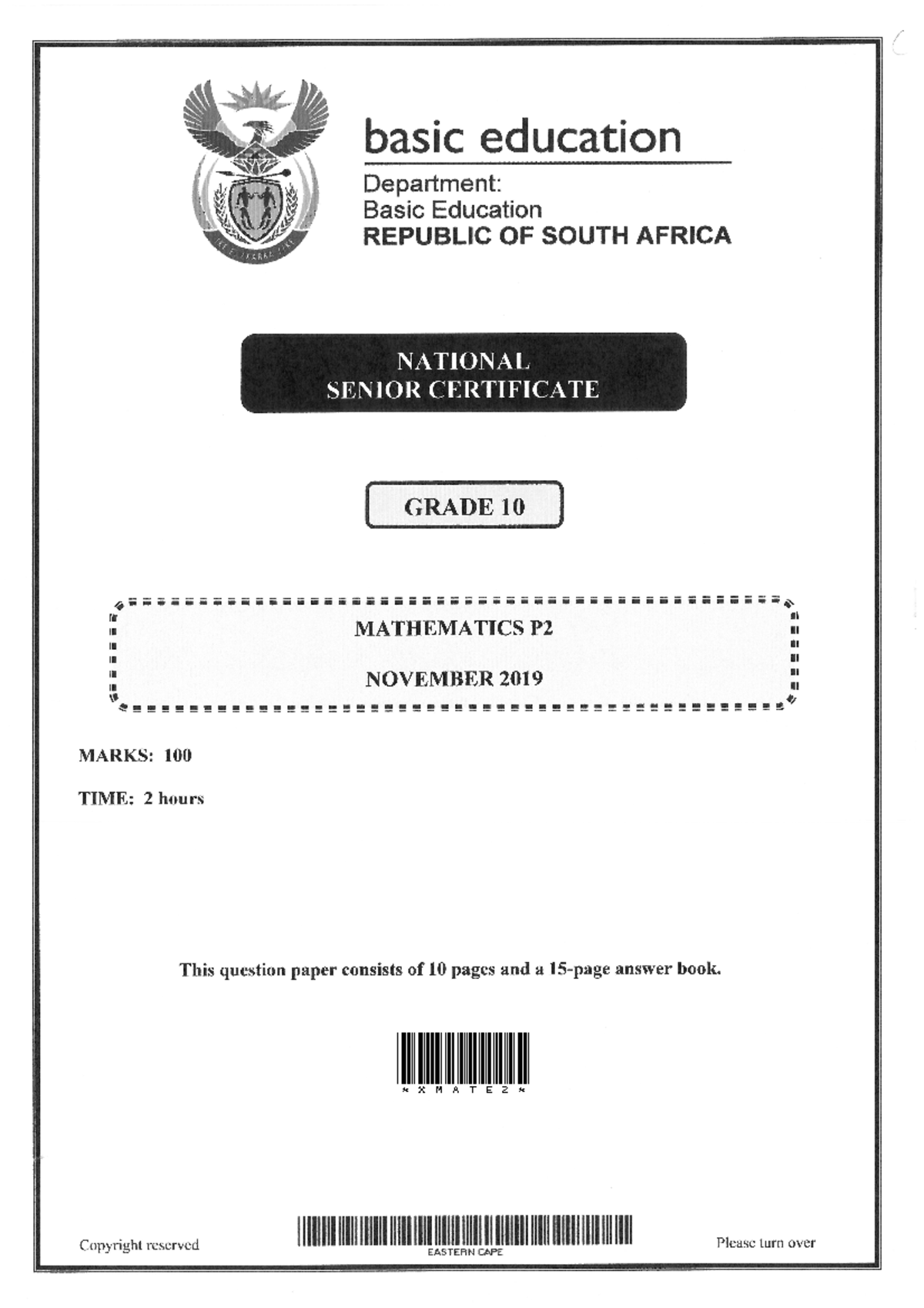 GR10 Mathematics P2 NOV19 - XMATE2 - Studocu