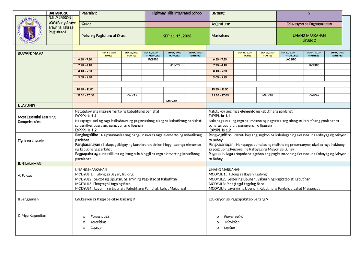 sample lesson plan - UNANG ARAW PANGALAWANG ARAW BUWAN: MAYO SEP 11 ...