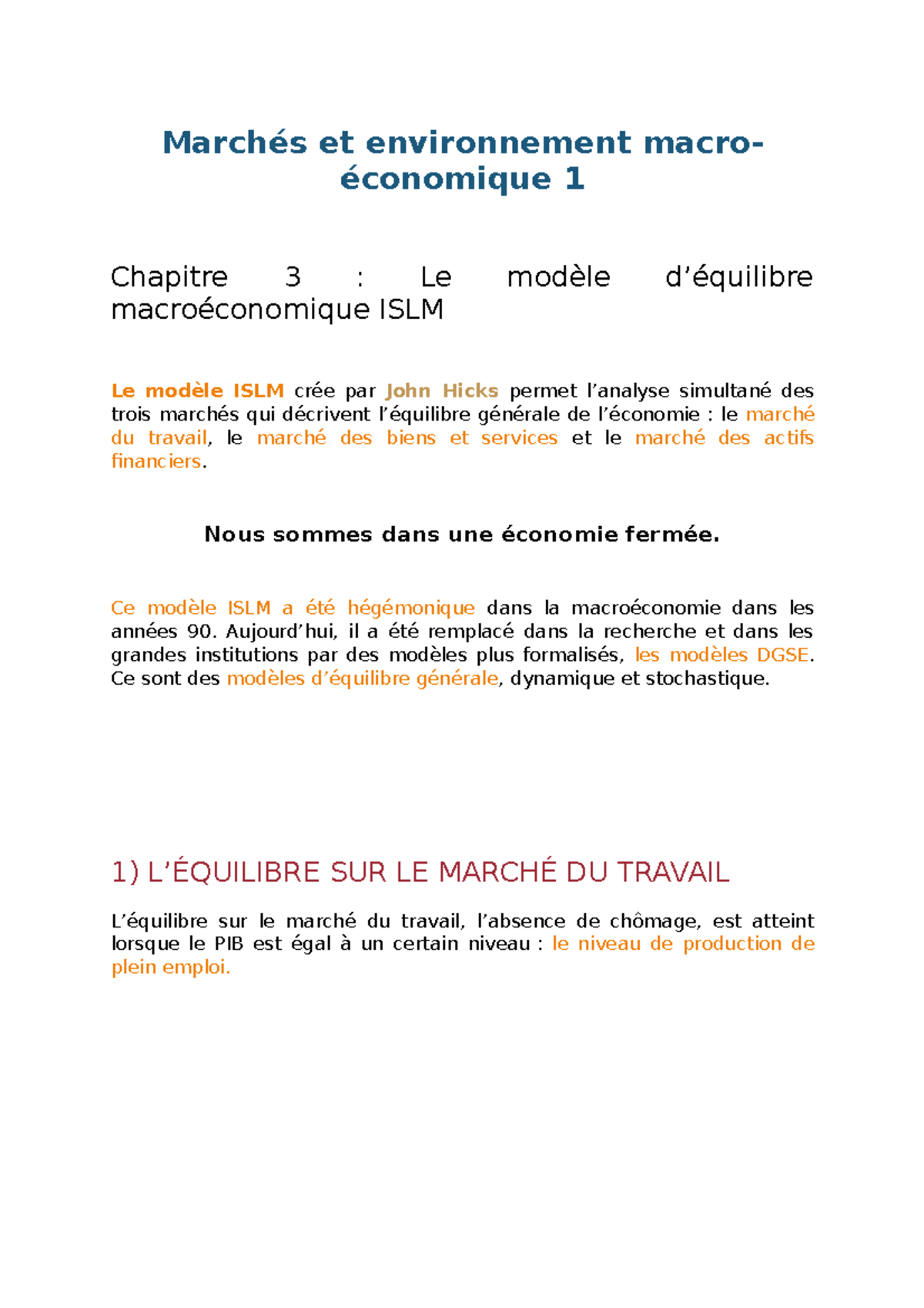 Chapitre 3 - macro - Marchés et environnement macro- économique 1 Chapitre 3 : Le modèle d ...