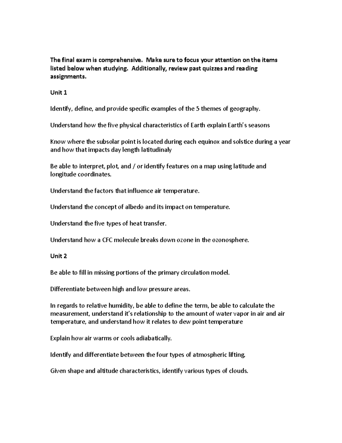Final Exam Study Guide - The final exam is comprehensive. Make sure to ...