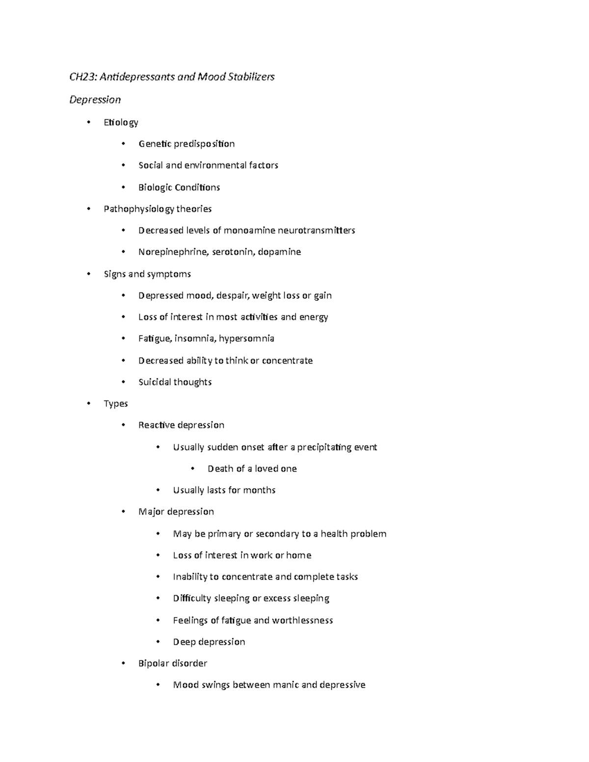 CH23 Antidepressants - Power point notes plus professor notes from ...