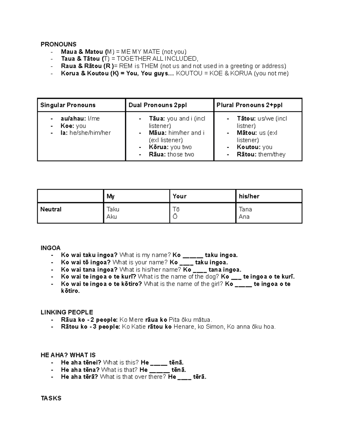 Sentence Structures - Revision notes - PRONOUNS Maua & Matou (M) = ME ...