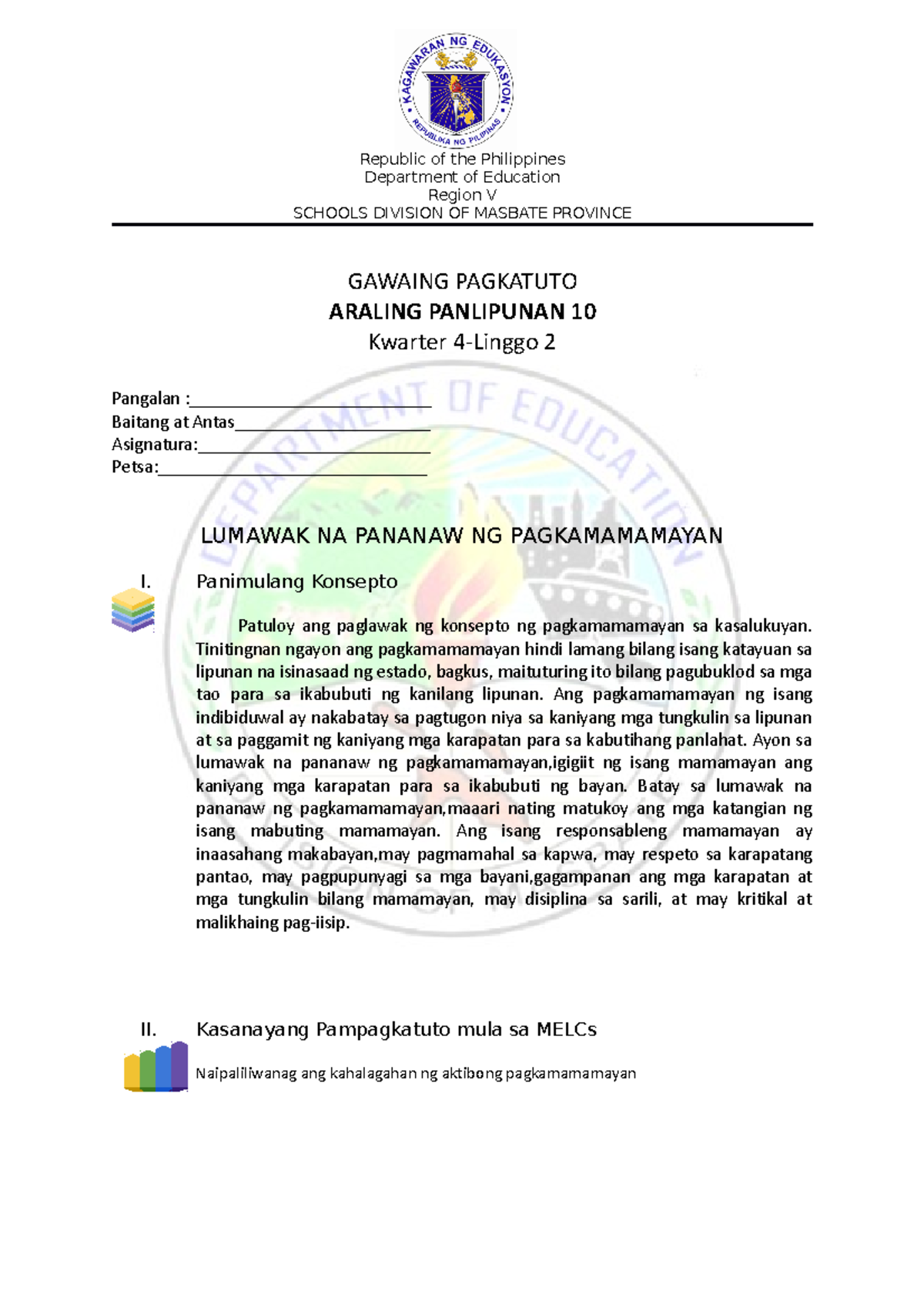 Aral Pan 10 Q4L2 - ARalpan - Republic of the Philippines Department of ...