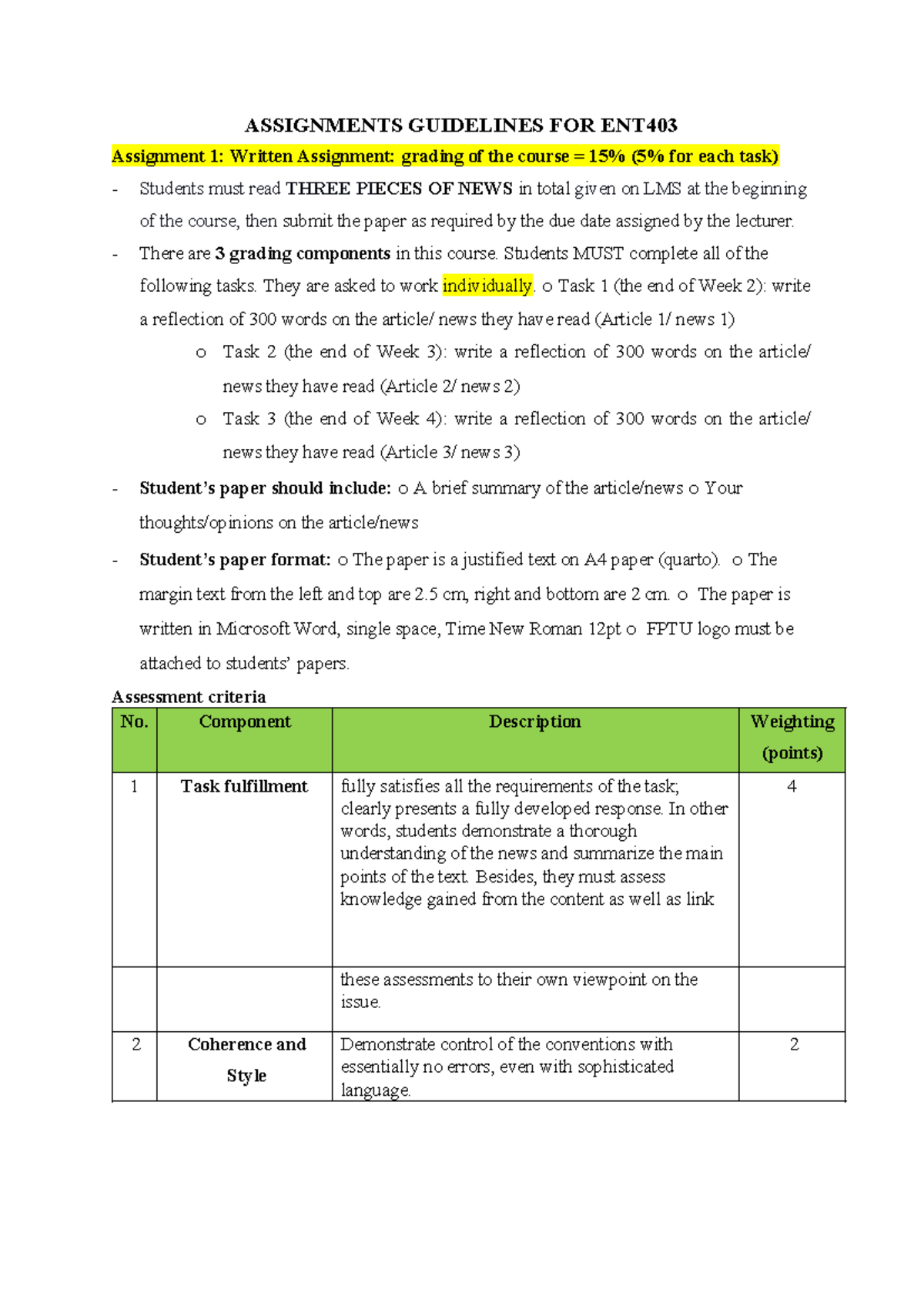 Assignments Guidelines FOR ENT403 - ASSIGNMENTS GUIDELINES FOR ENT Assignment 1: Written ...