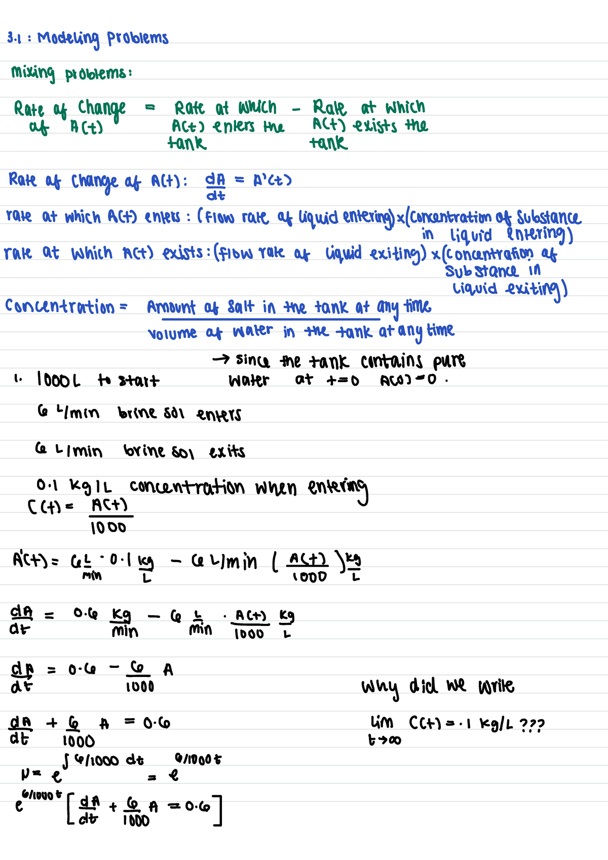 Midterm 2 Notes - : Modeling problems mixing problems : Rate af change ...