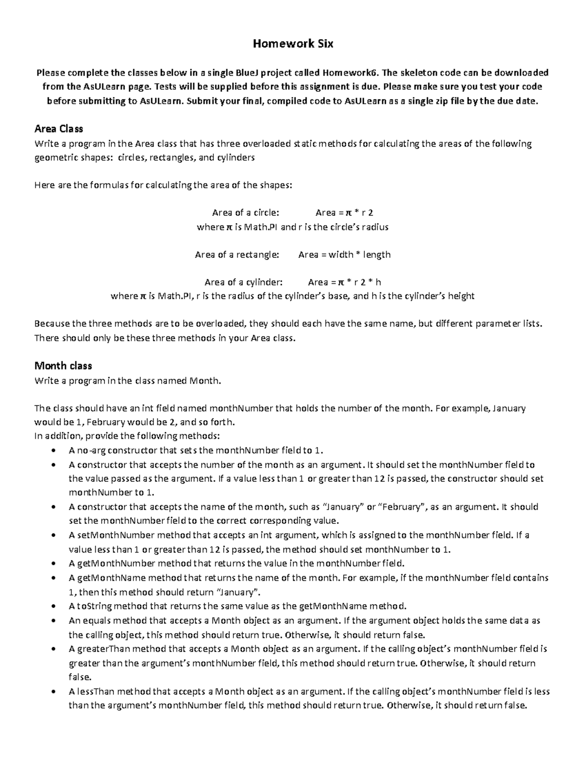 Homework Six Cs 1 Hw 6 Homework Six Please Complete The Classes Below In A Single Bluej 