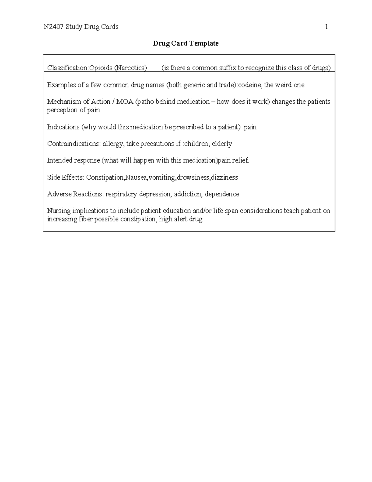 Drug Card Opioids - opioid drug card - N2407 Study Drug Cards 1 Drug ...