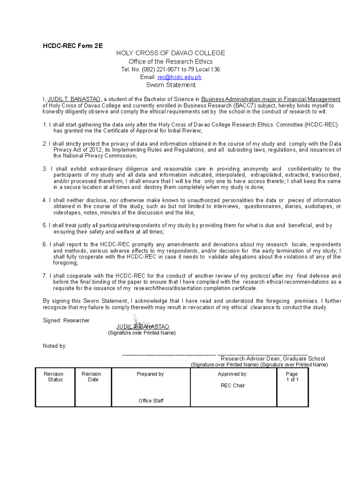 FORM-2E - Business Proposal Defense. - HCDC-REC Form 2E HOLY CROSS OF ...