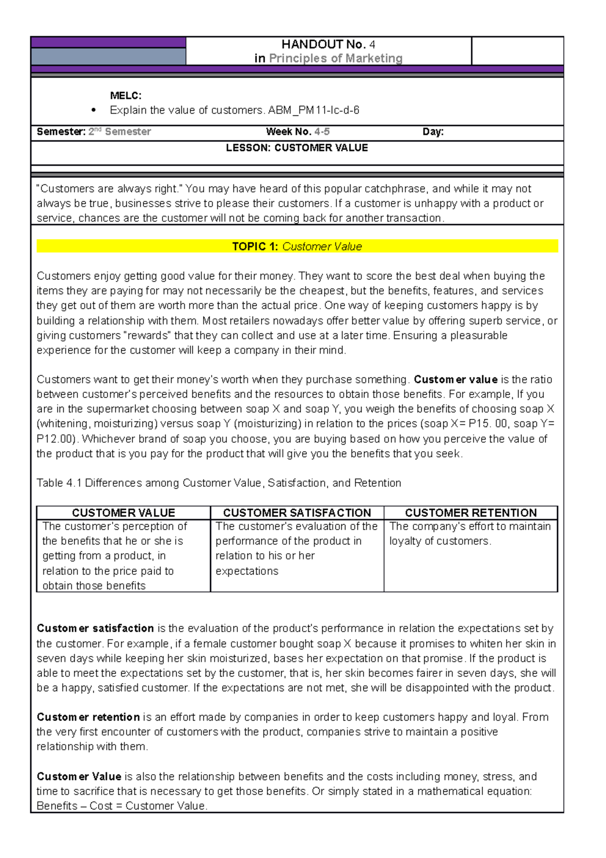 Handout-WEEK-4-5 Principles OF Marketing - HANDOUT No. 4 in Principles ...