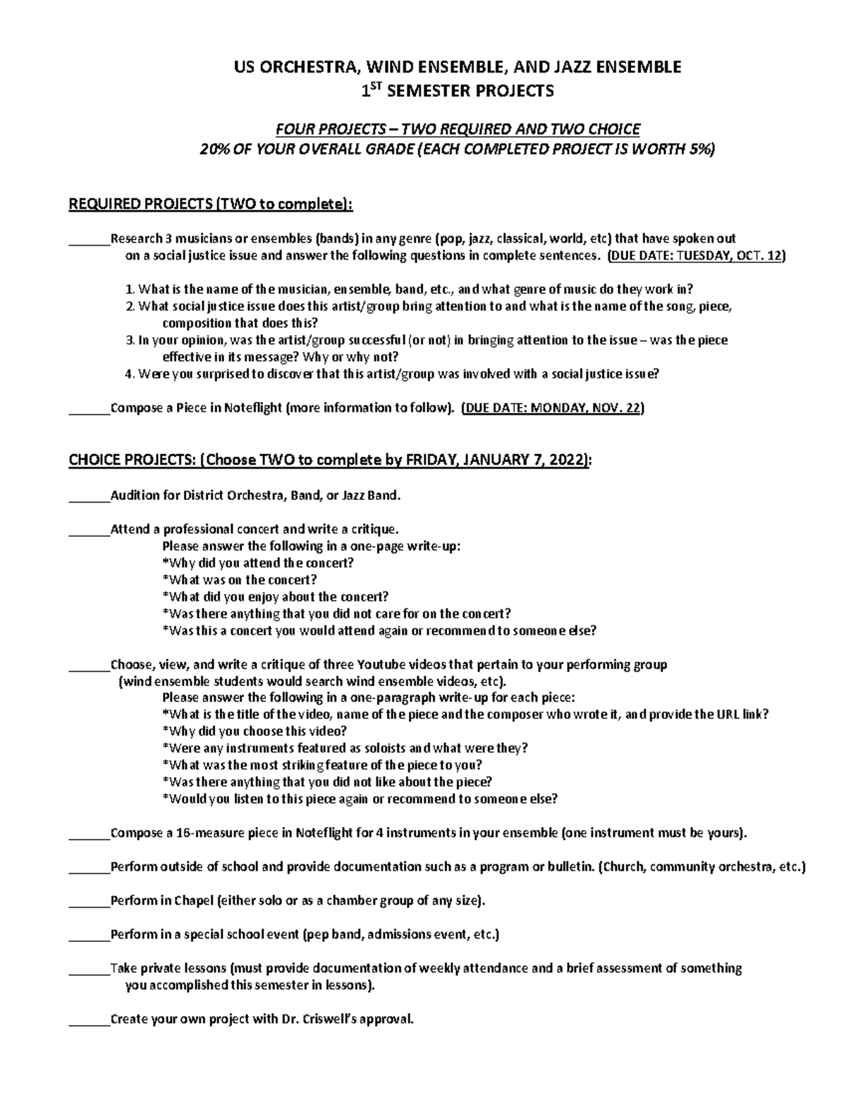 Semester-1-Projects - notes - US ORCHESTRA, WIND ENSEMBLE, AND JAZZ ...