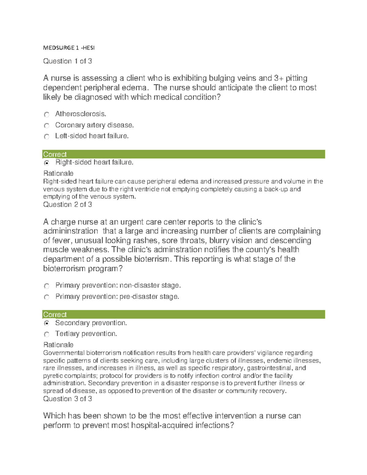 Medsurge 1-HESI Remediation Sept - MEDSURGE 1 -HESI Question 1 of 3 A ...