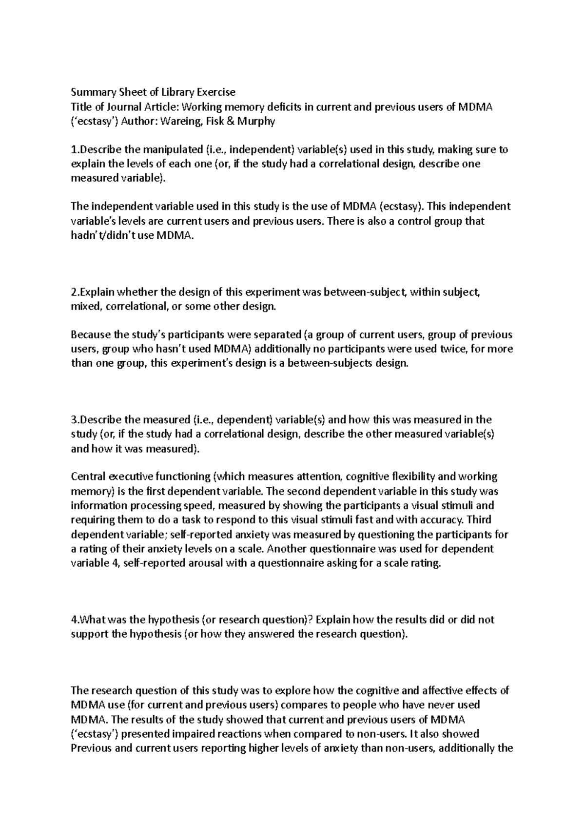 Summary Sheet of Library Exercise - , independent) variable(s) used in ...