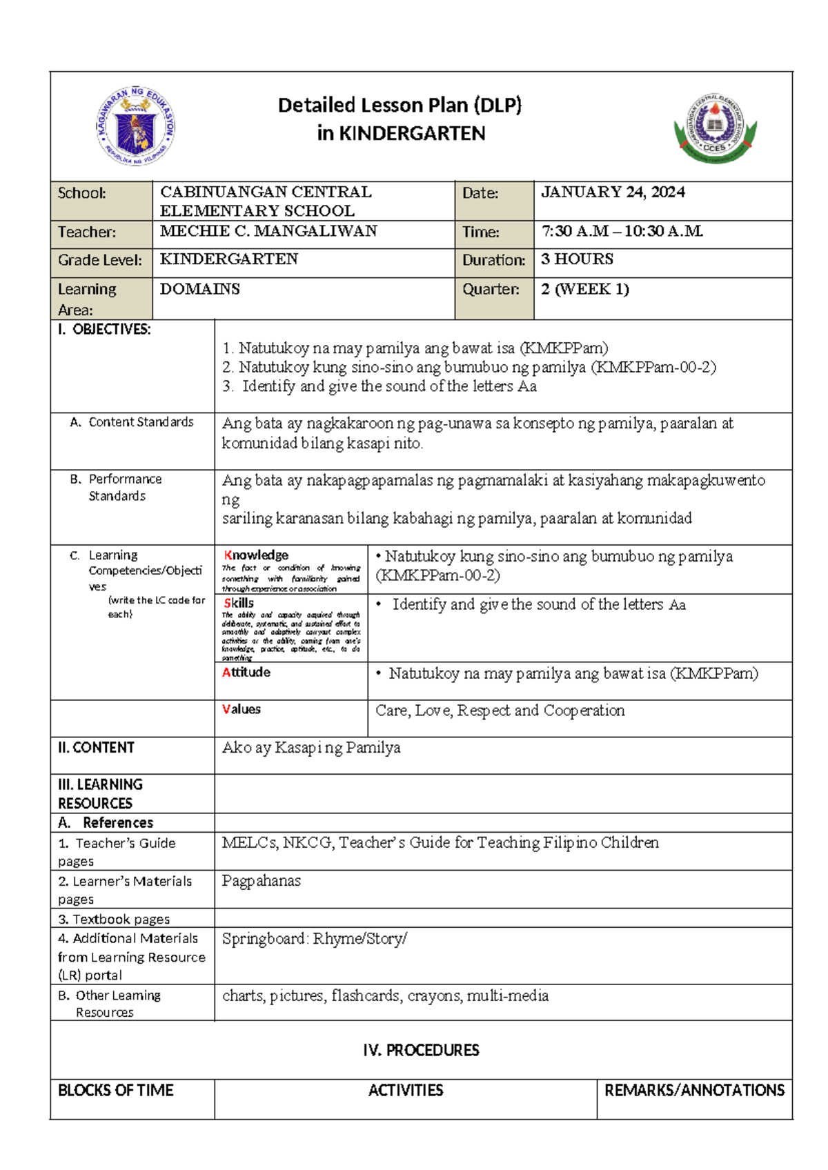 DLP Kinder 4As Blocks OF TIME T1 T3 PPST - Detailed Lesson Plan (DLP) in KINDERGARTEN School ...