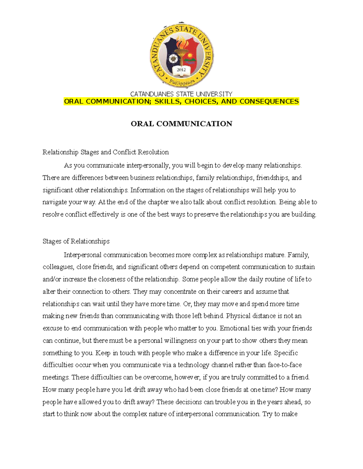 Relationship Stages and Conflict Resolution - ORAL COMMUNICATION ...