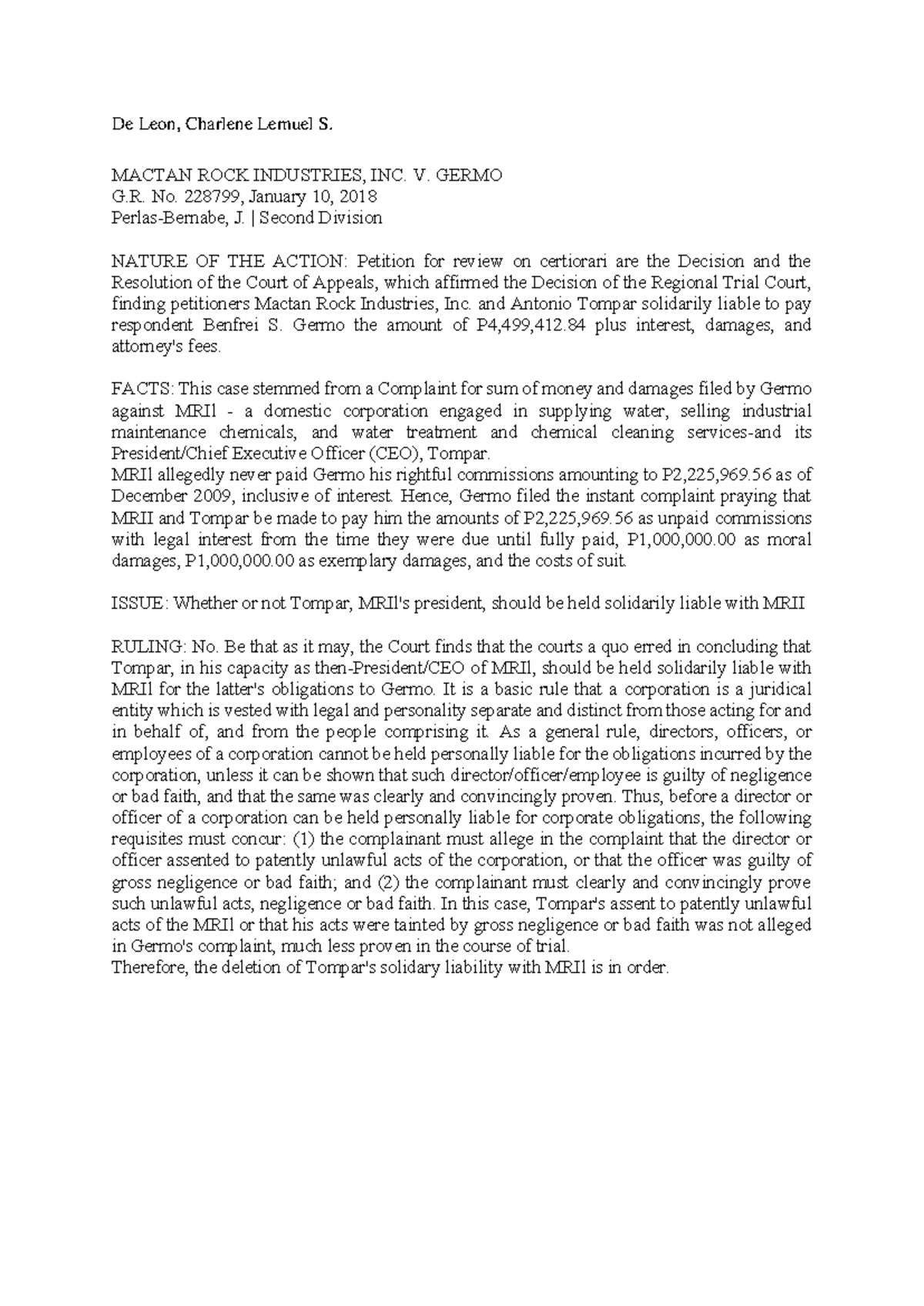 Mactan ROCK Industries, INC. V. Germo - De Leon, Charlene Lemuel S ...