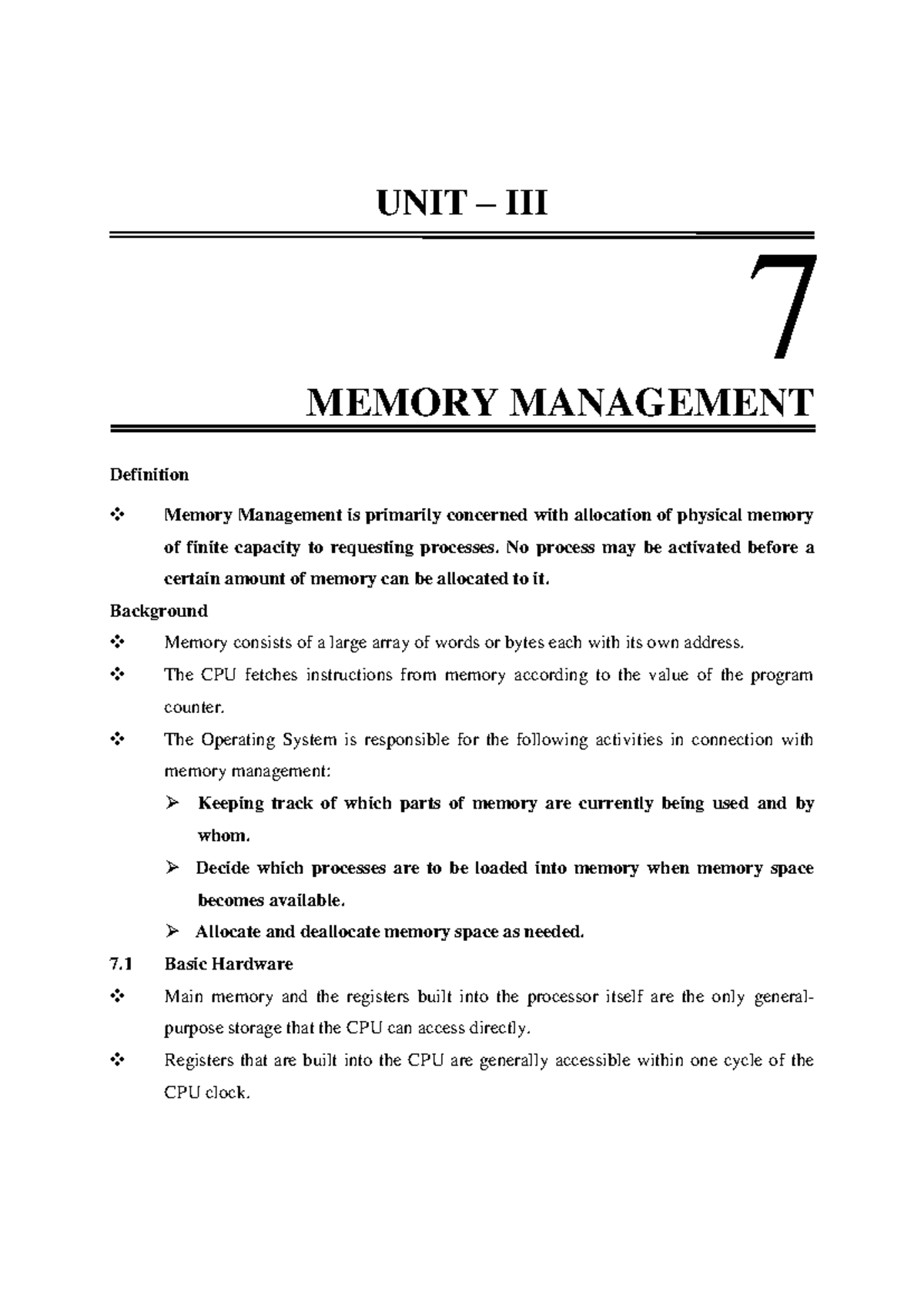 OS Chapter 7 - UNIT – III MEMORY MANAGEMENT Definition Memory ...
