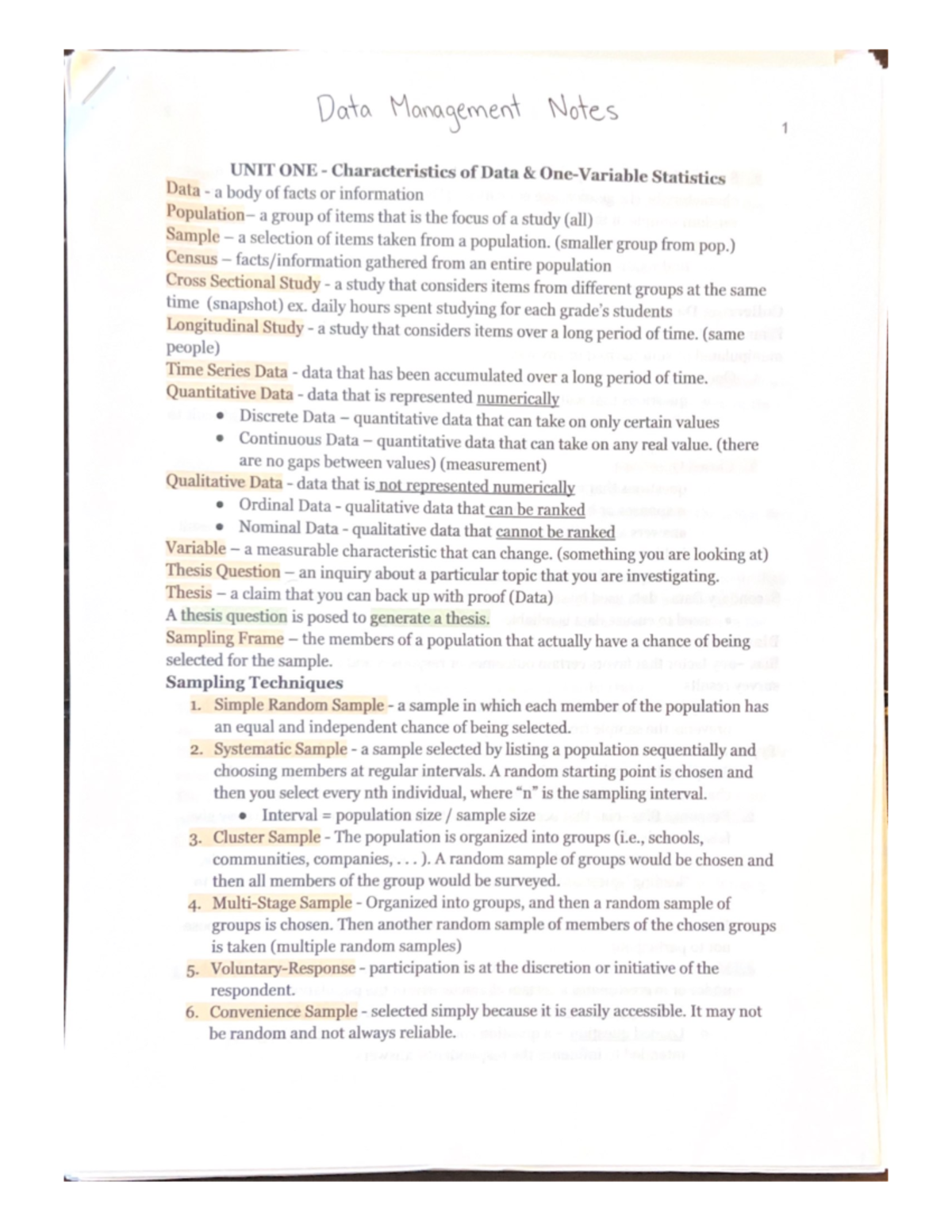 Data Management Notes - (smaller group from pop.) Census gathered from ...