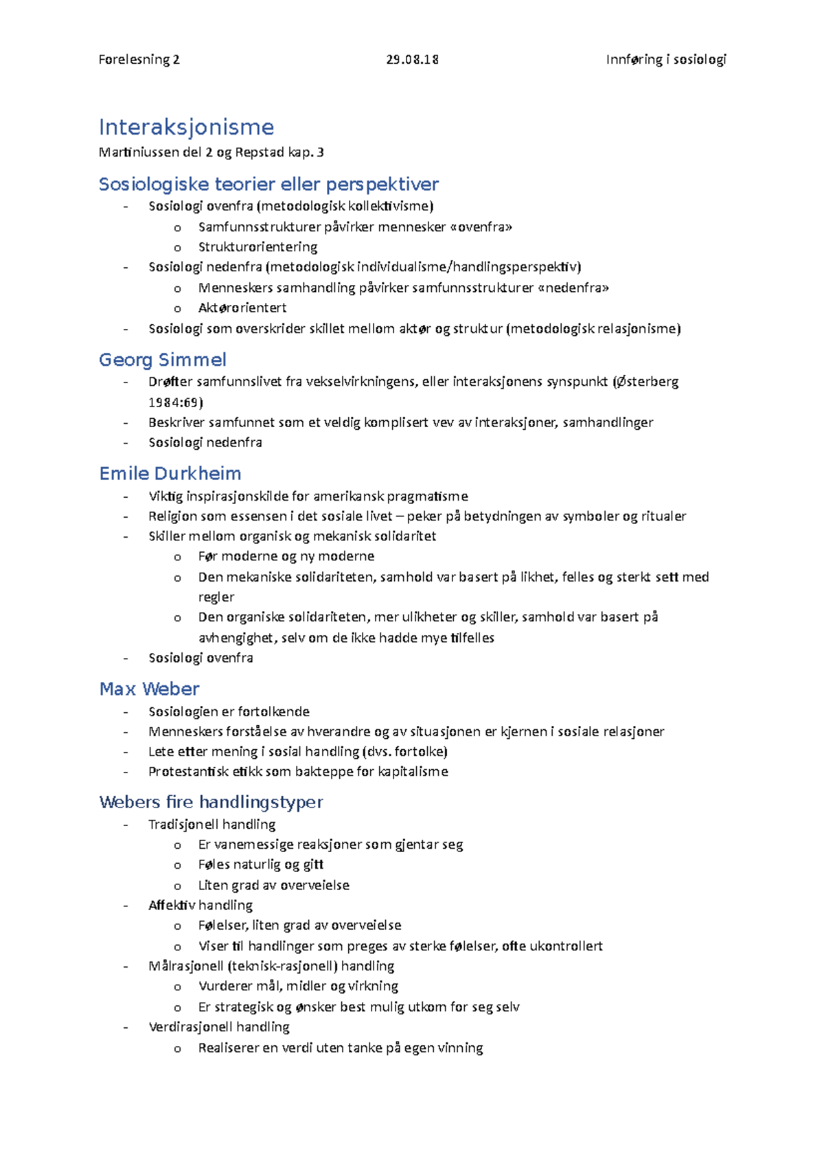 Forelesning 2 - interaksjonisme - innføring i sosiologi - Interaksjonisme Martiniussen del 2 og ...