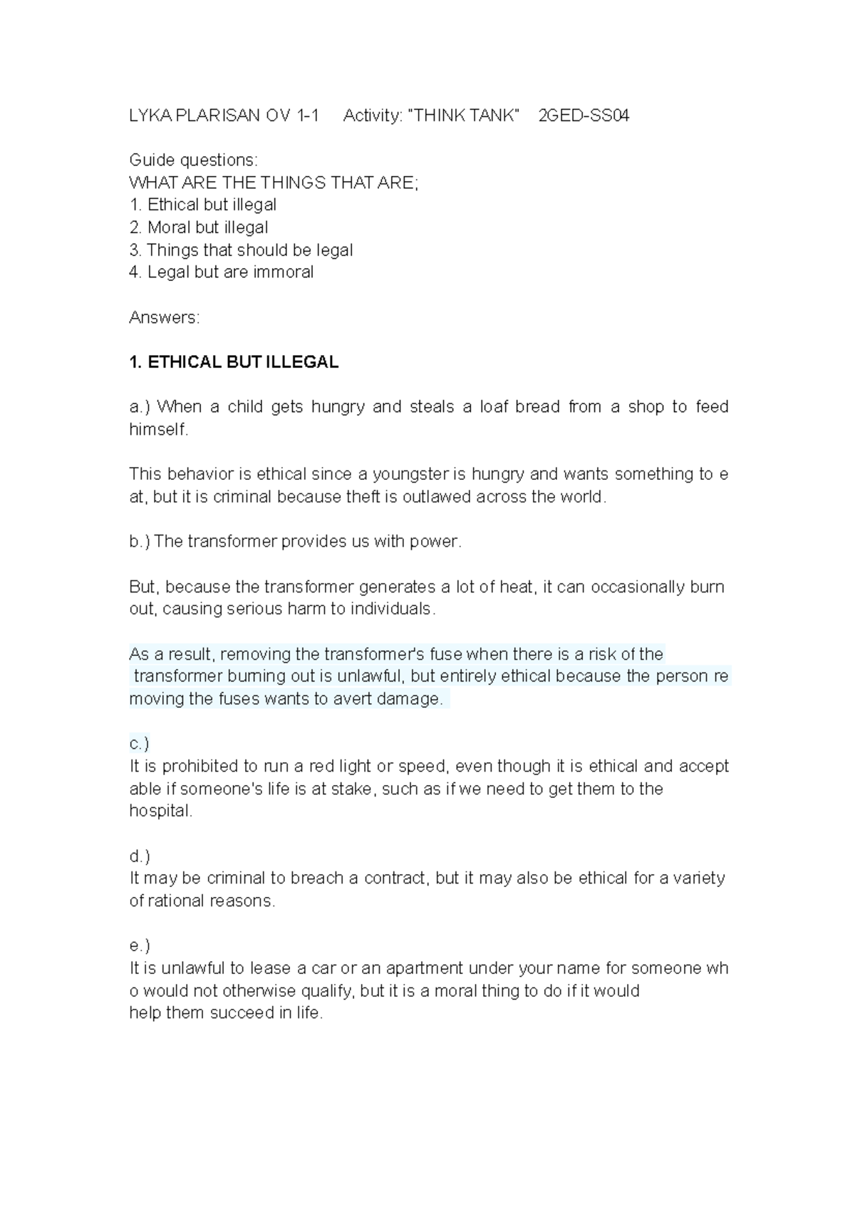 Think TANK Activity “ - LYKA PLARISAN OV 1-1 Activity: “THINK TANK ...