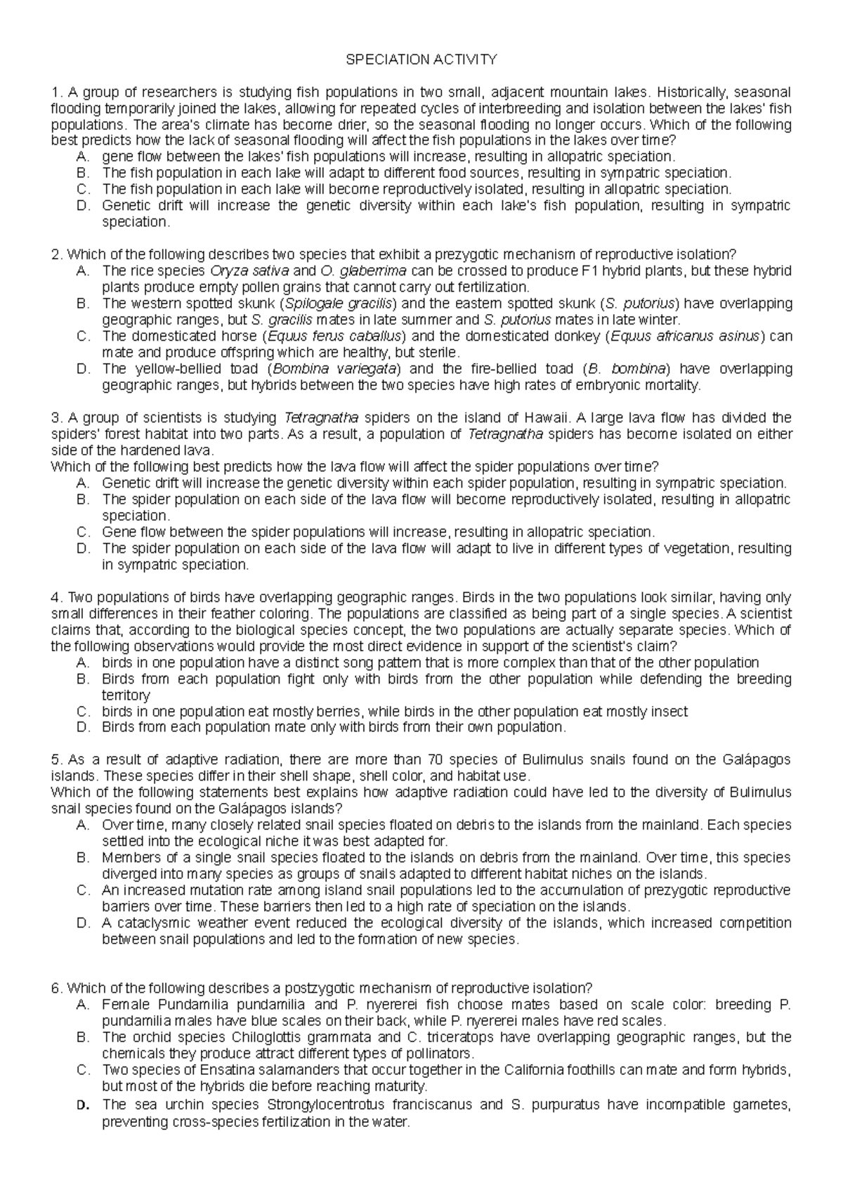 Speciation Activity - worksheets - SPECIATION ACTIVITY A group of ...