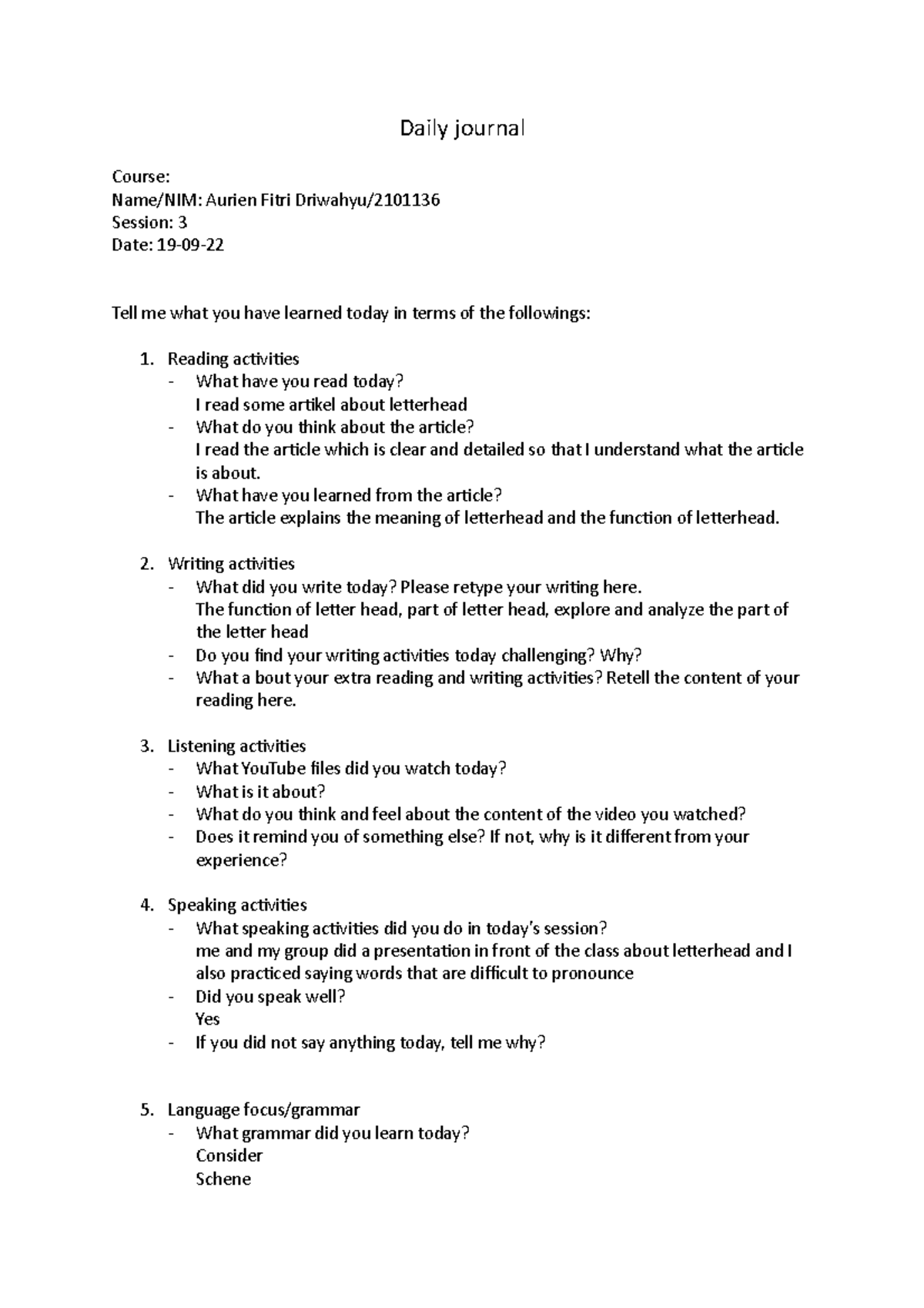 Daily journal at English Course to reflect student's understanding ...