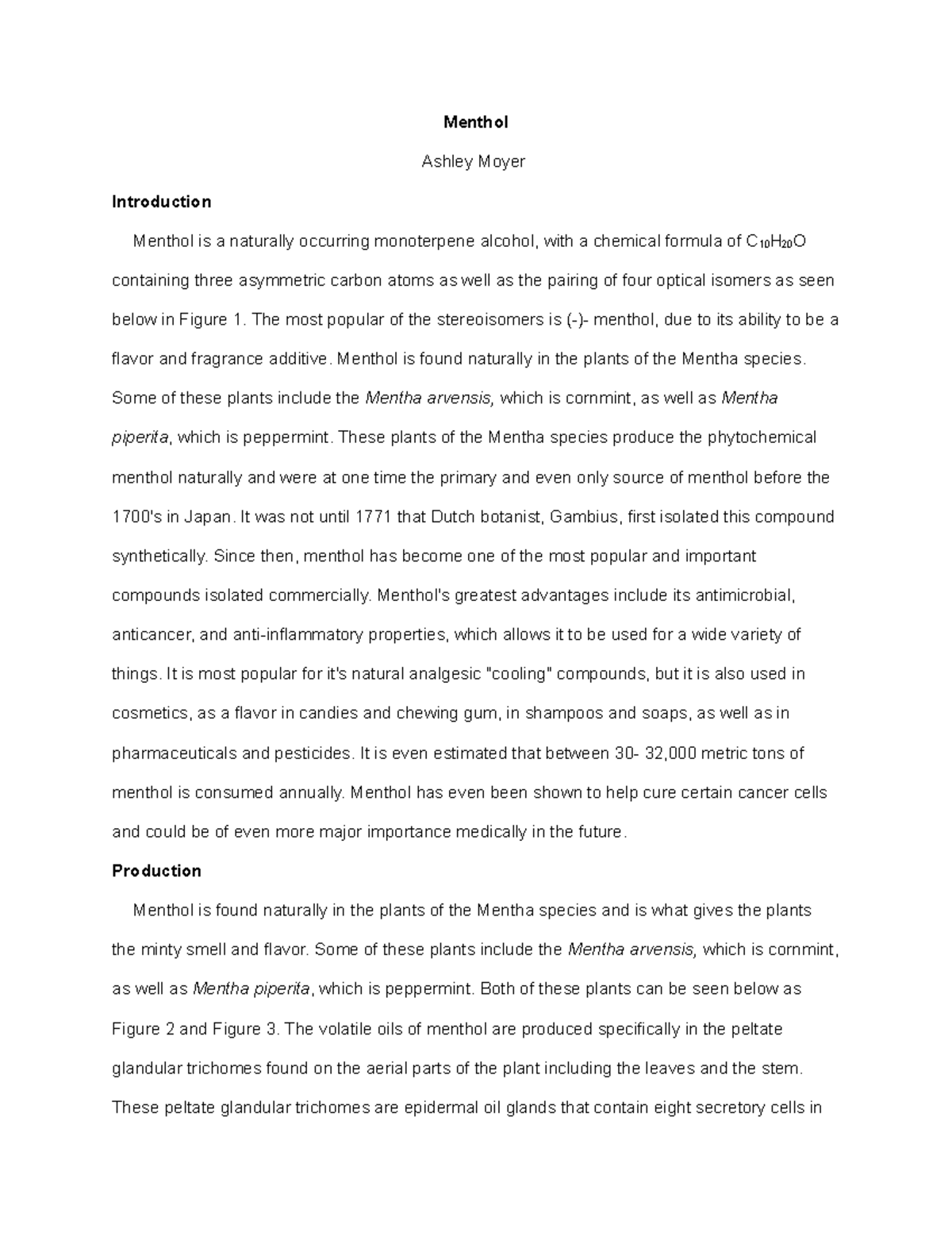 Menthol Phytochemical Monograph - Menthol Ashley Moyer Introduction ...
