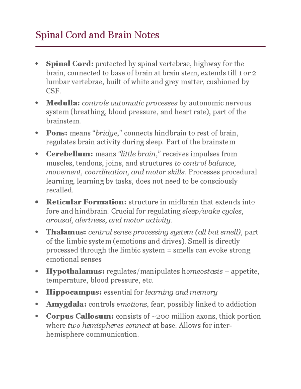 Psych-Spinal Cord and Brain Assignment - Spinal Cord and Brain Notes ...