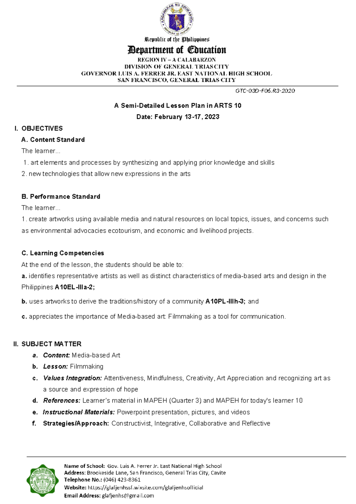 Lesson PLAN- arts 10 - MUSIC 10 - A Semi-Detailed Lesson Plan in ARTS ...