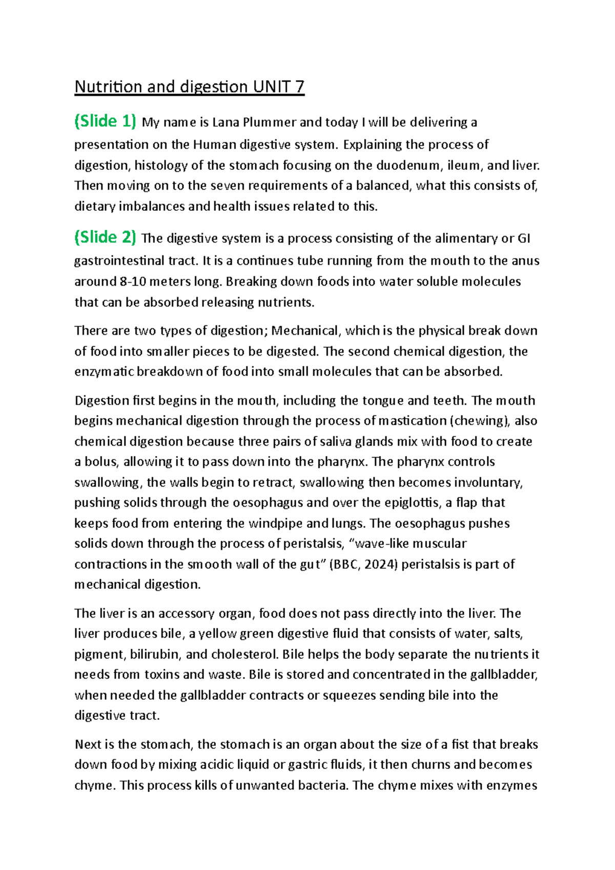 Unit 7 Speech notes Final - Nutrition and digestion UNIT 7 (Slide 1) My ...