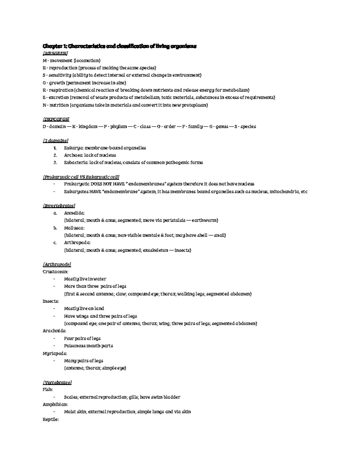 Biology FYE prep - Chapter 1: Characteristics and classification of living organisms [MRSGREN] M ...