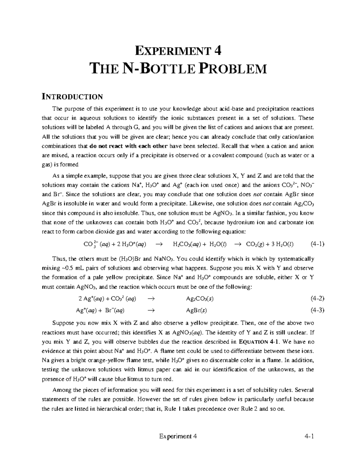 Experiment 4 - Chem lab 4 - EXPERIMENT 4 THE N-BOTTLE PROBLEM INTRODUCTION The purpose of this ...