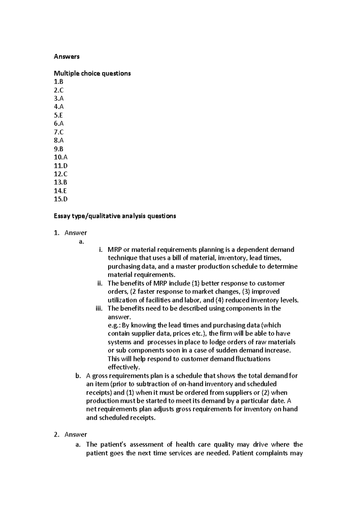Sample/practice exam, answers - Answers Multiple choice questions 1 2 3 ...