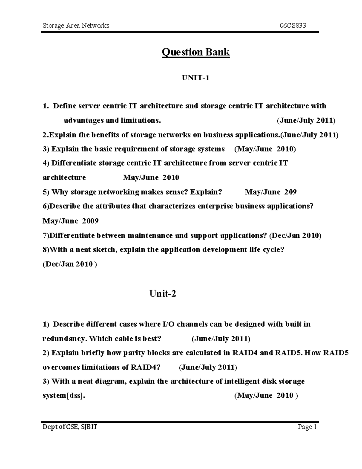 SAN Unit-Wise Qs ( Sjbit) - QuestionBan k UN I T- 1 - Studocu
