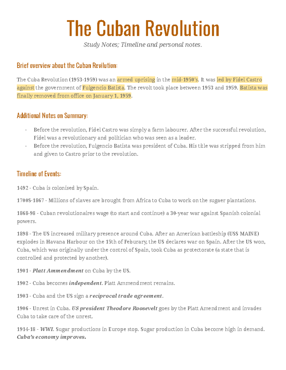 The Cuban Revolution - notes - The Cuban Revolution Study Notes ...