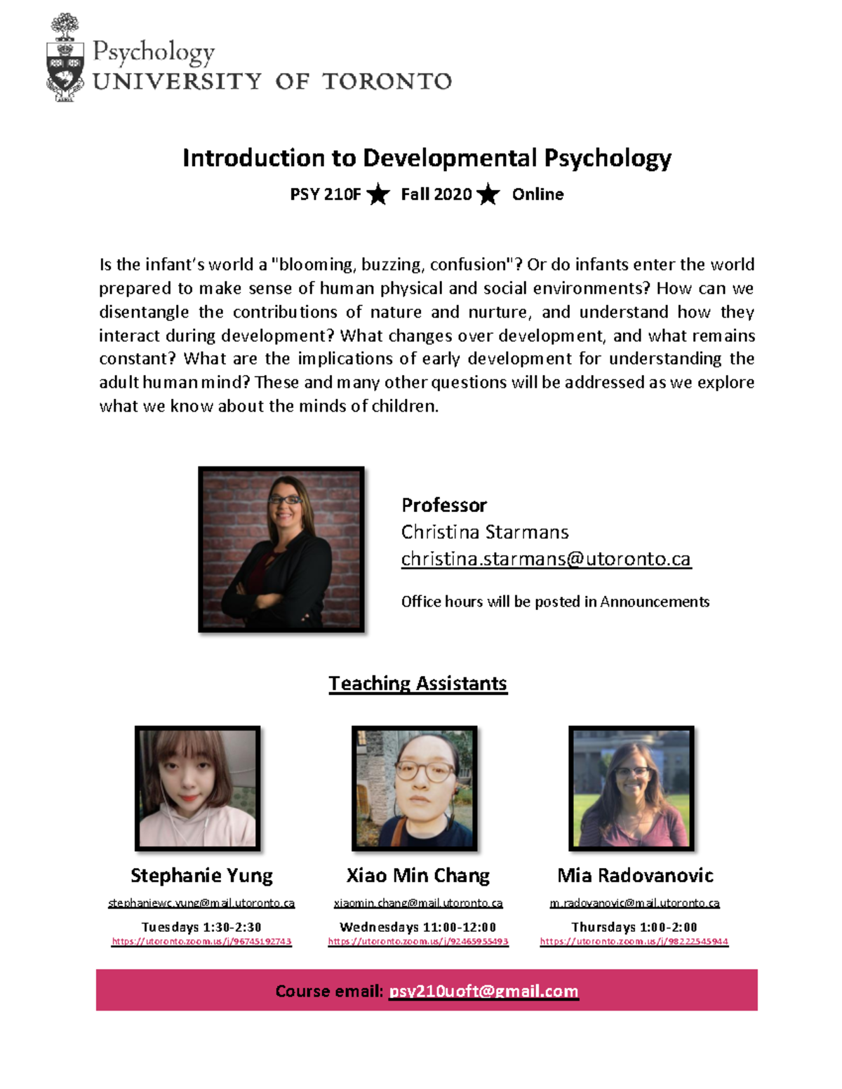 PSY210 Syllabus - Introduction to Developmental Psychology PSY 210F Fall 2020 Online Is the ...