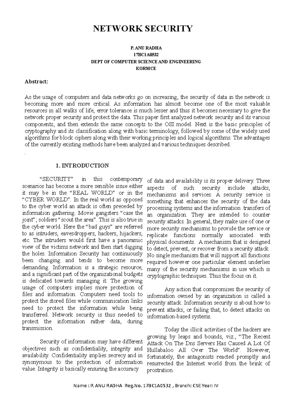 Network Security Lecture Notes 1 Network Security P Anu Radha 17bc1a Dept Of Computer
