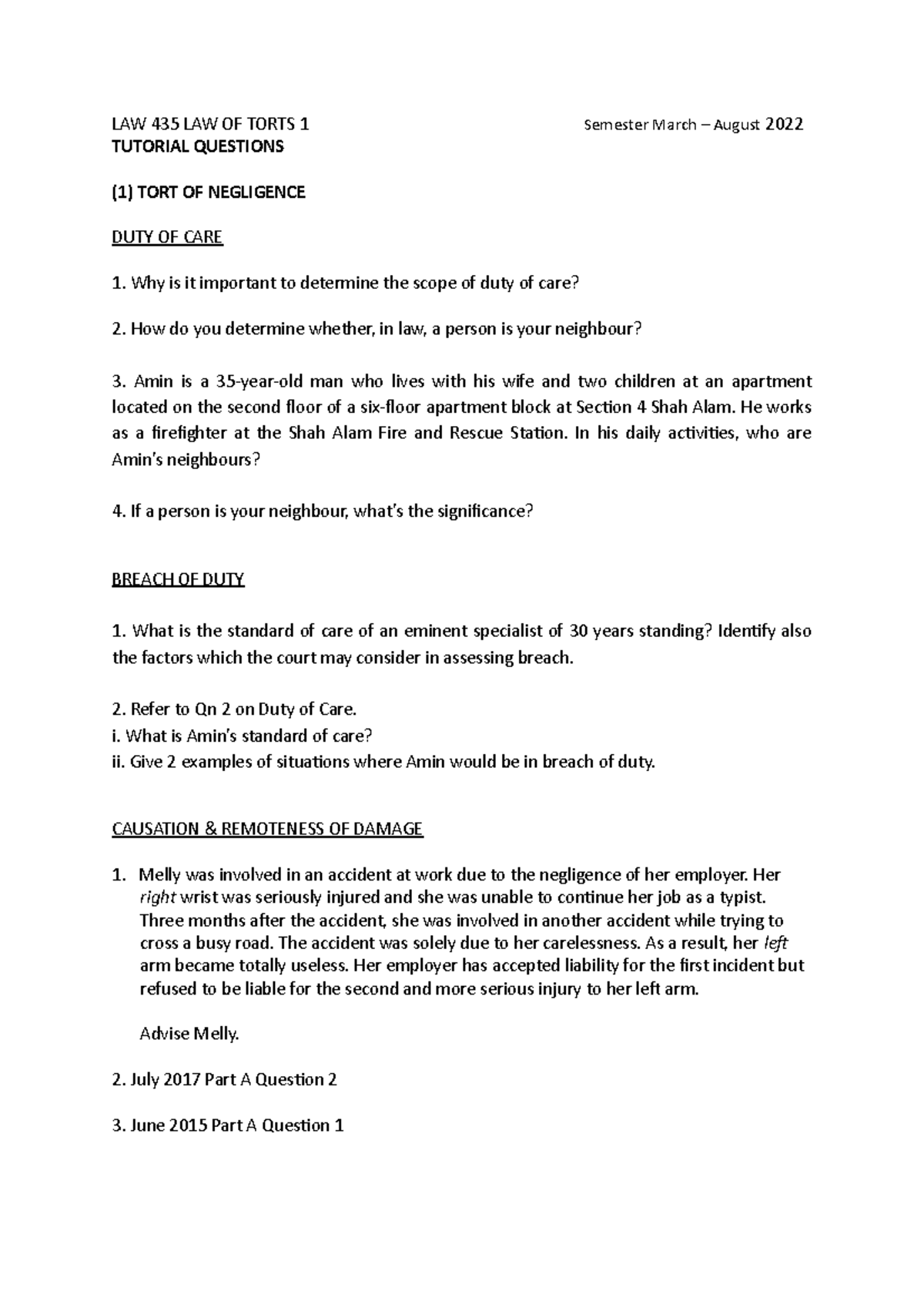 LAW 434 March 2022 Tutorial October to February - LAW 435 LAW OF TORTS ...