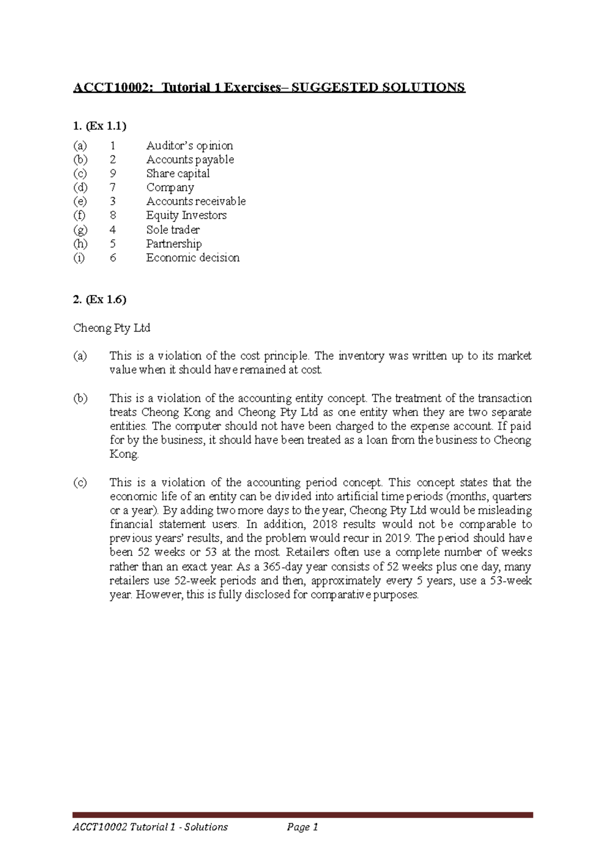 ACCT10002 Tutorial 1 Solutions - ACCT10002: Tutorial 1 Exercises– SUGGESTED SOLUTIONS 1. (Ex 1 ...