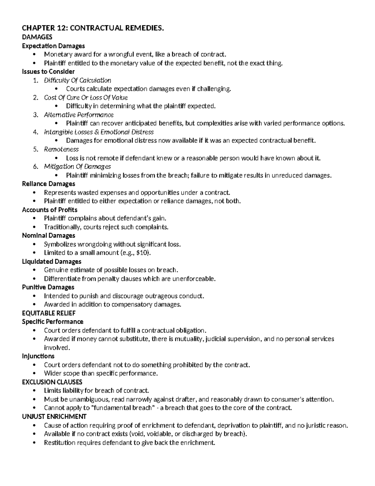 Summary Ch.12 LAW - Managing the Law - CHAPTER 12: CONTRACTUAL REMEDIES ...