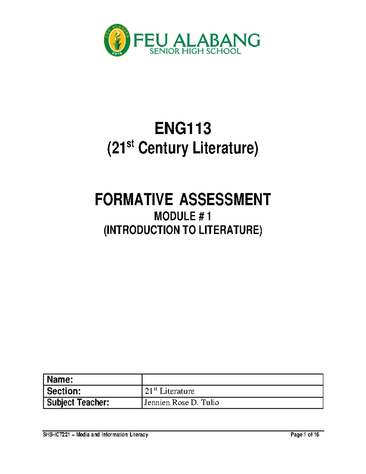 Formative Assessment - ENG ( st Century Literature) FORMATIVE ...