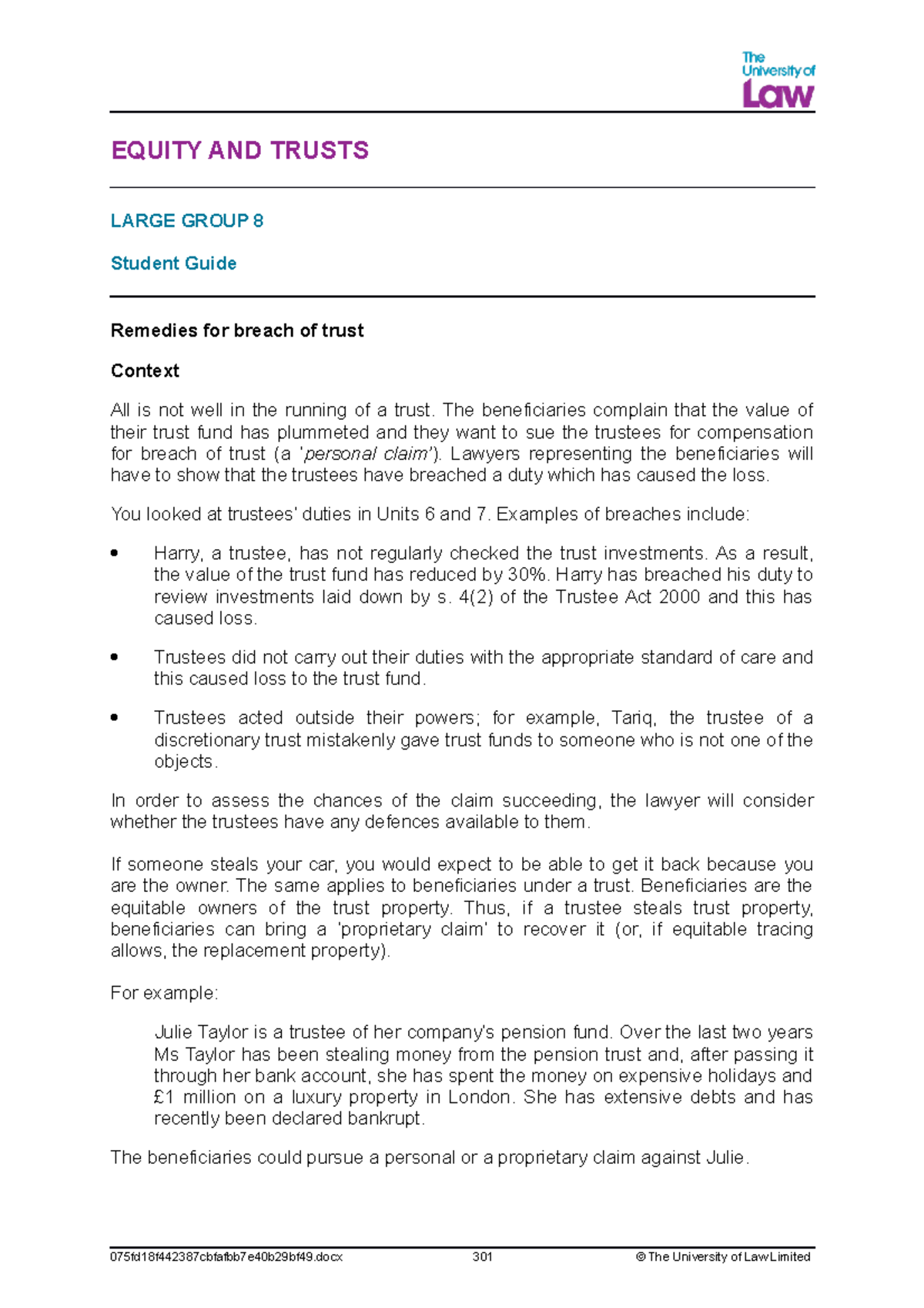 2223 eqtr lg08 ce01 student guide - EQUITY AND TRUSTS LARGE GROUP 8 Student Guide Remedies for ...