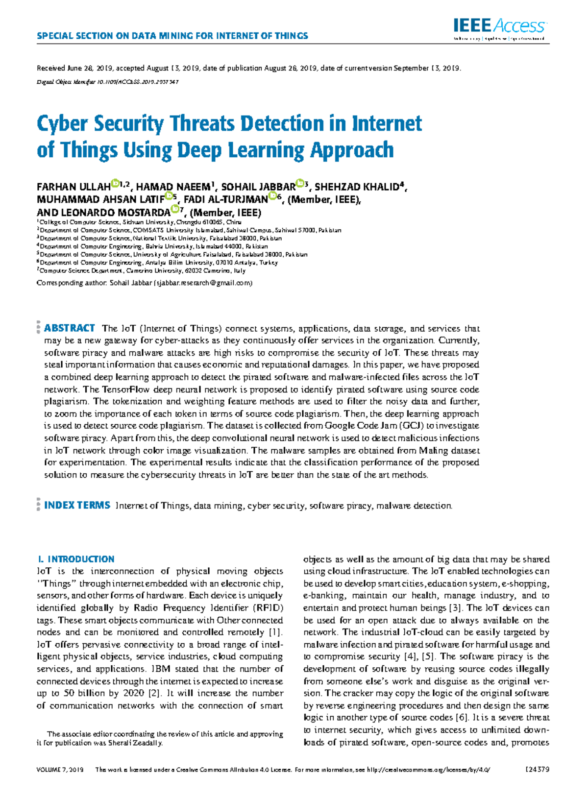 Cyber Security Threats Detection In Internet Of Things Using Deep Learning Approach Special 5034