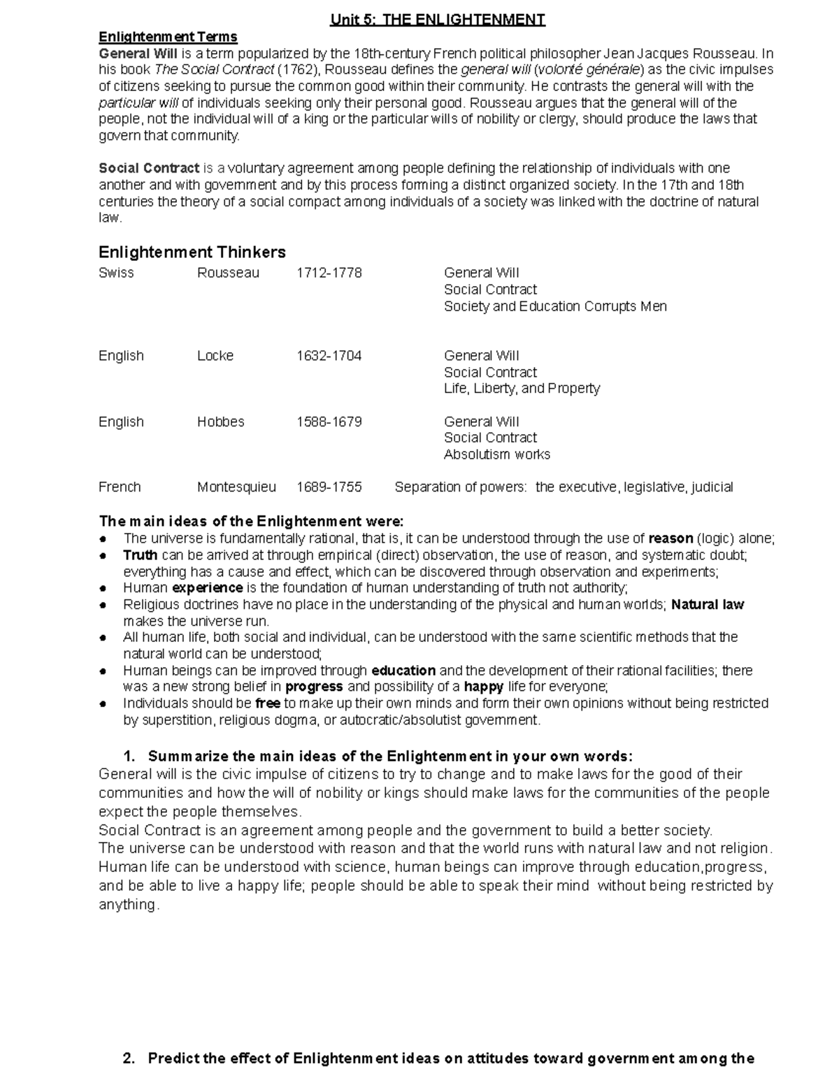Enlightenment Handout - Unit 5: THE ENLIGHTENMENT Enlightenment Terms ...