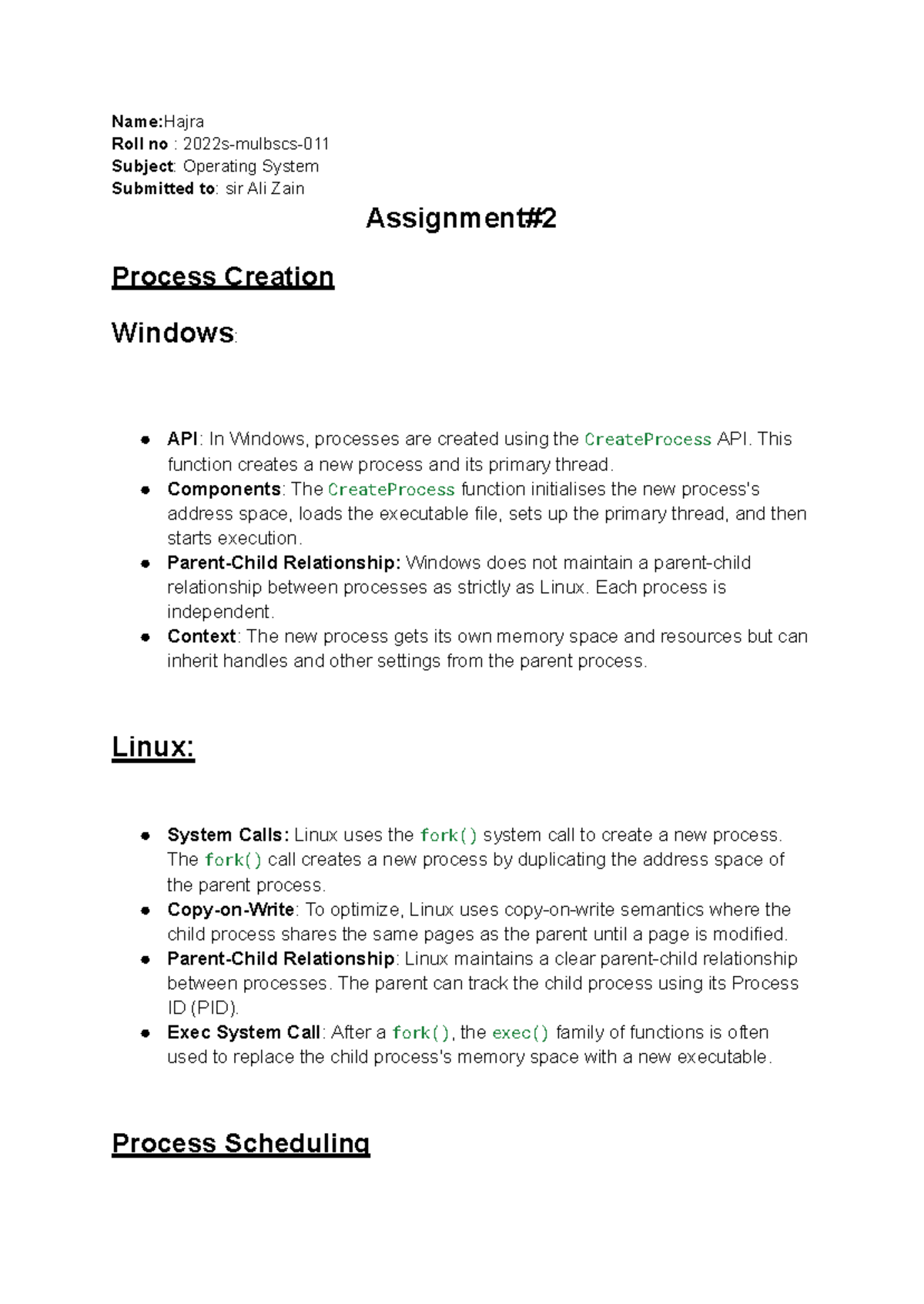 OS assignment - Name:Hajra Roll no : 2022s-mulbscs- Subject: Operating System Submitted to: sir ...
