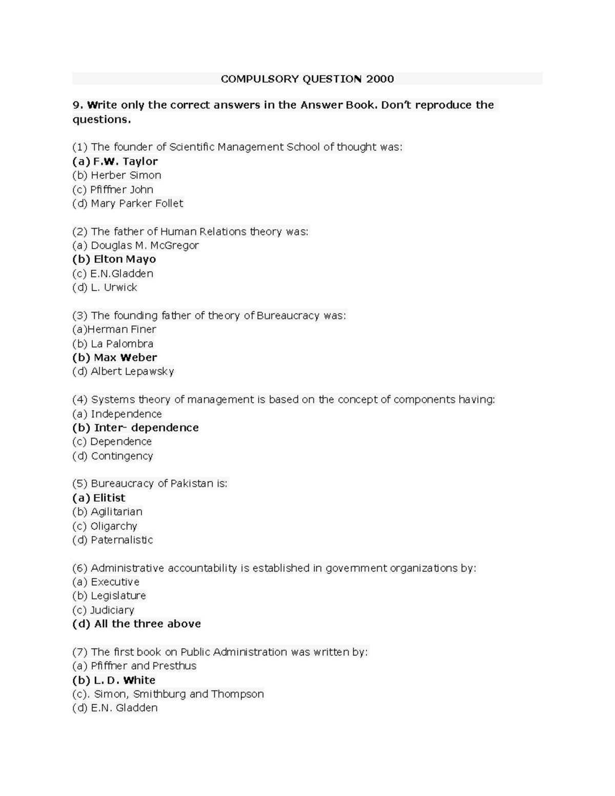 Public Administration MCQS - COMPULSORY QUESTION 2000 Write only the ...