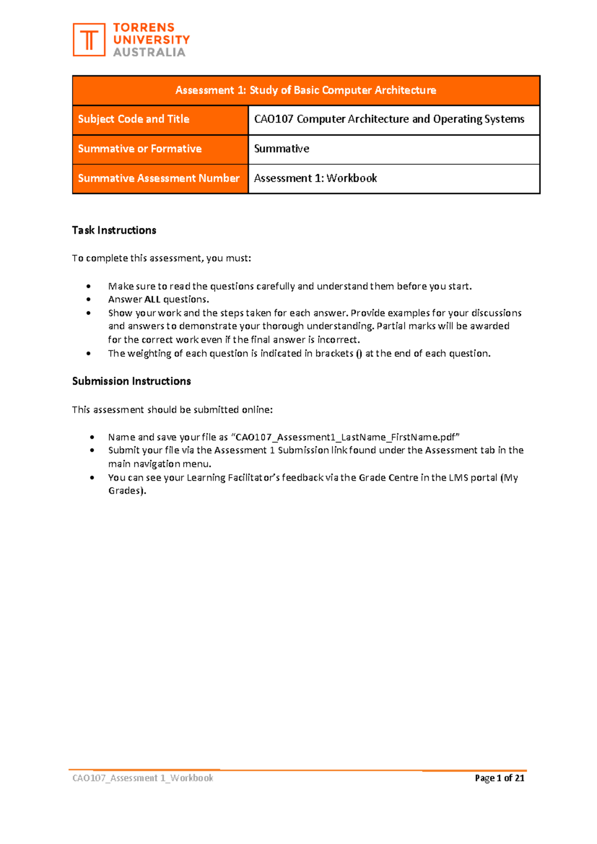 CAO107 Assessment 1 Bhetwal Miraj - Assessment 1 : Study of Basic Computer Architecture Subject ...