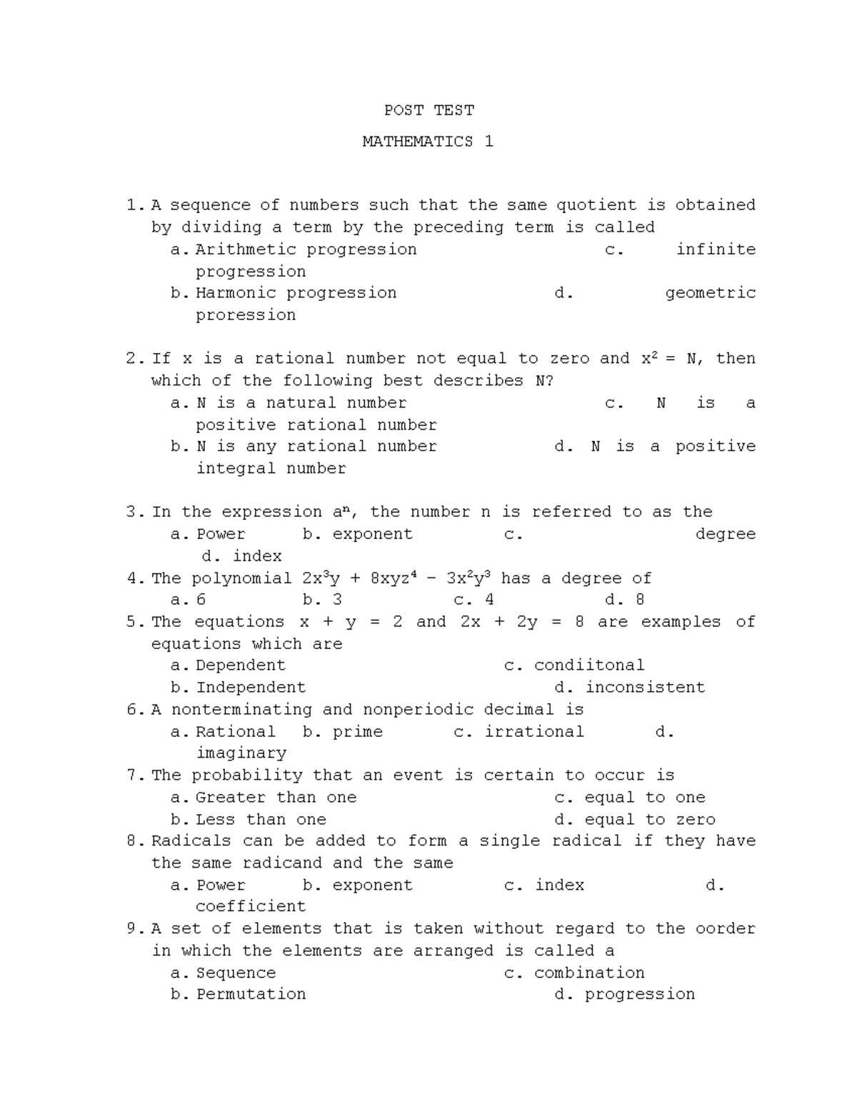 POST TEST Mathematics 1 - POST TEST MATHEMATICS 1 A sequence of numbers ...