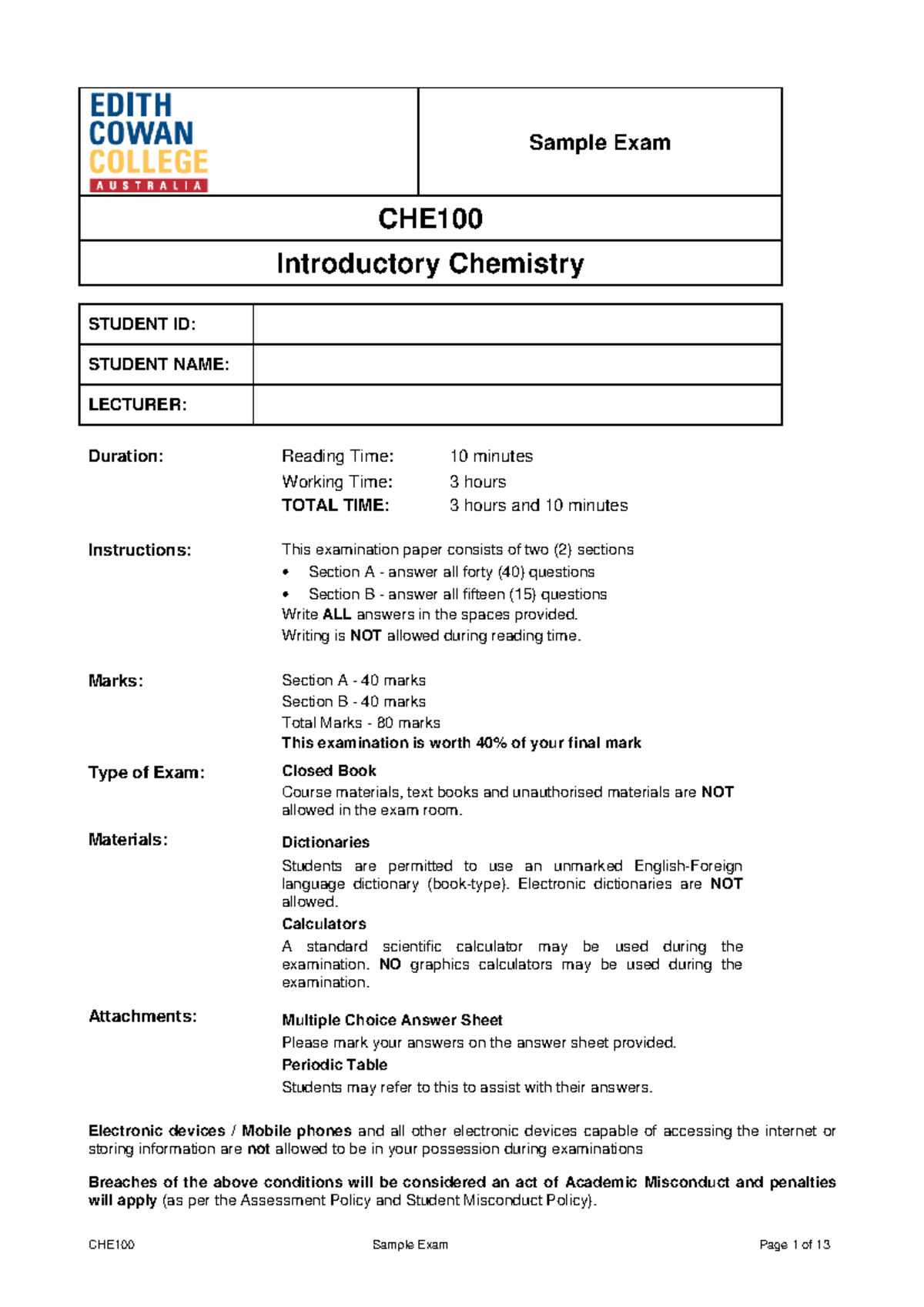 CHE100 - Sample Exam - Weekly worksheets - Sample Exam CHE Introductory ...